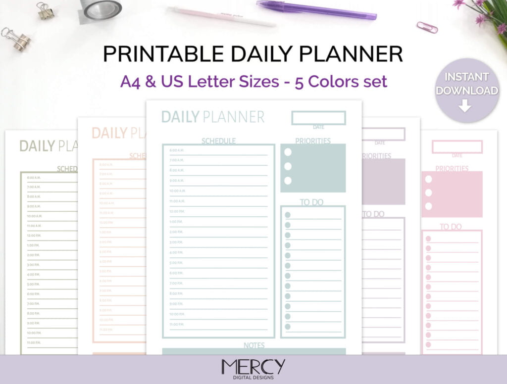 Pastel Daily Planner Printable, A4 and Letter • Mercy Digital Designs