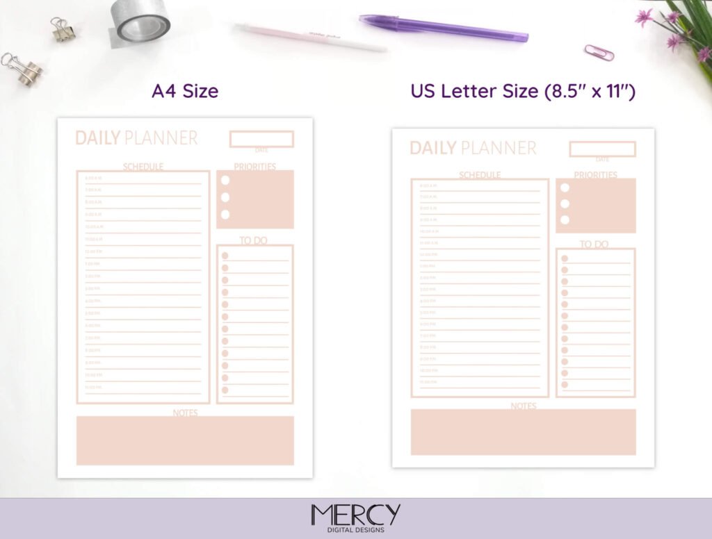 Pastel Daily Planner Printable, A4 and Letter • Mercy Digital Designs