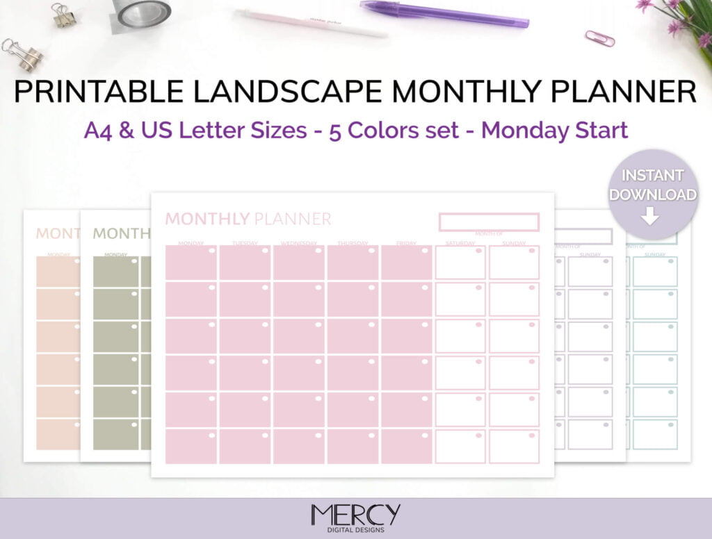 Pastel Undated Monthly Planner Printable, A4 and US Letter • MDD