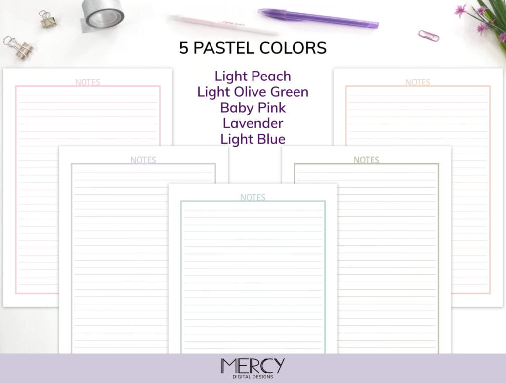 Pastel Printable Notes Page, A4 and US Letter • Mercy Digital Designs