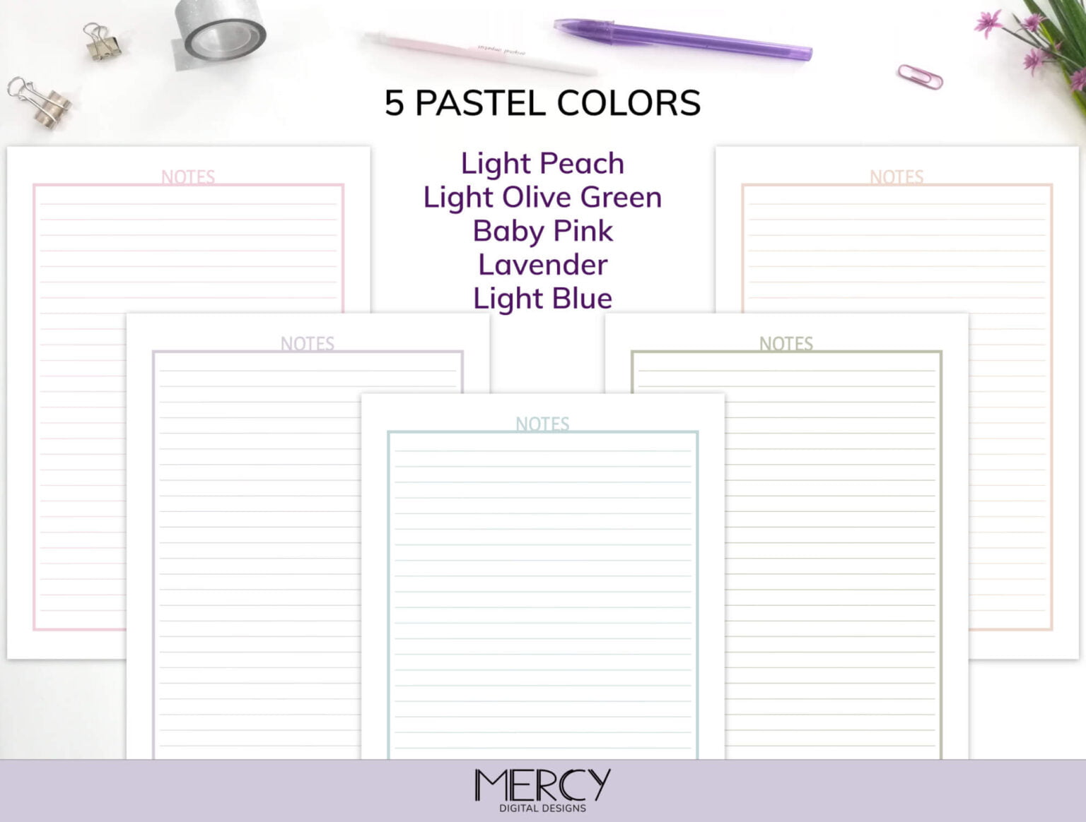Pastel Printable Notes Page, A4 and US Letter • Mercy Digital Designs