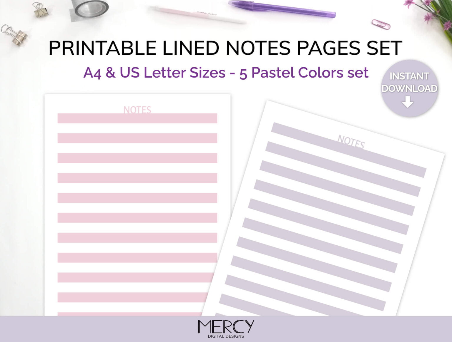 Pastel Lined Notes Page Printable, A4 and US Letter • MDD