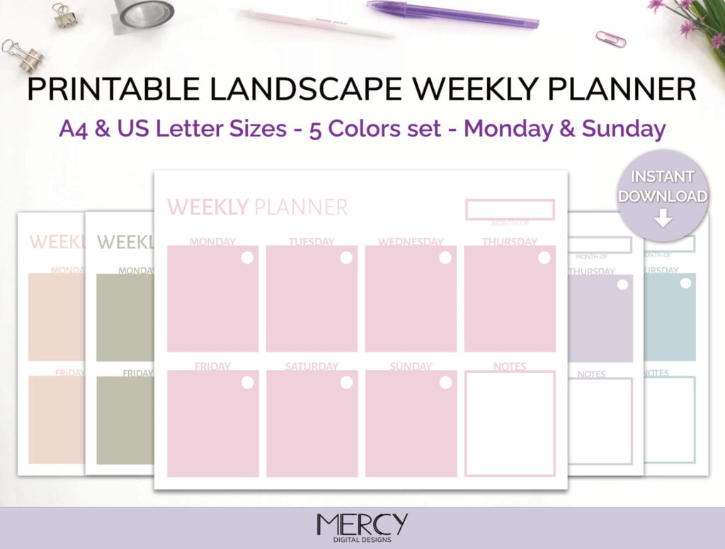 Pastel Weekly Planner Landscape Printable, A4 and US Letter • MDD