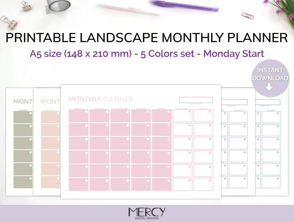Pastel Weekly Planner Landscape Printable, A4 and US Letter • MDD