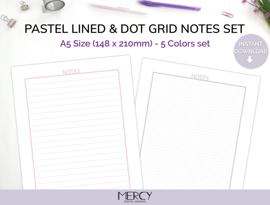 A5 Printable Notes Page Pastel Set • Mercy Digital Designs