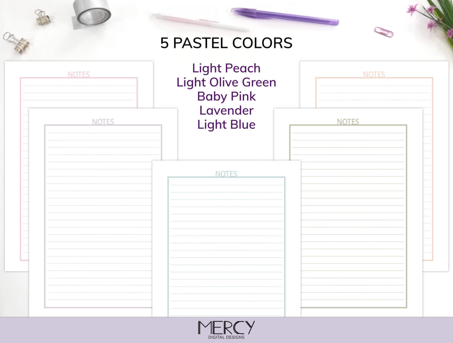A5 Printable Notes Page Pastel Set • Mercy Digital Designs