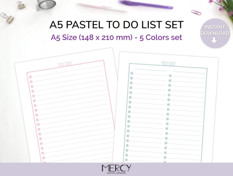 A5 To Do List Printable Pastel Set • Mercy Digital Designs