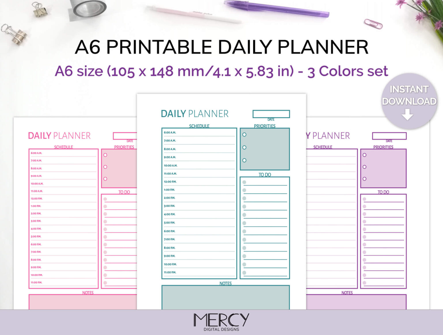 Printable A6 Daily Planner Cute • Mercy Digital Designs