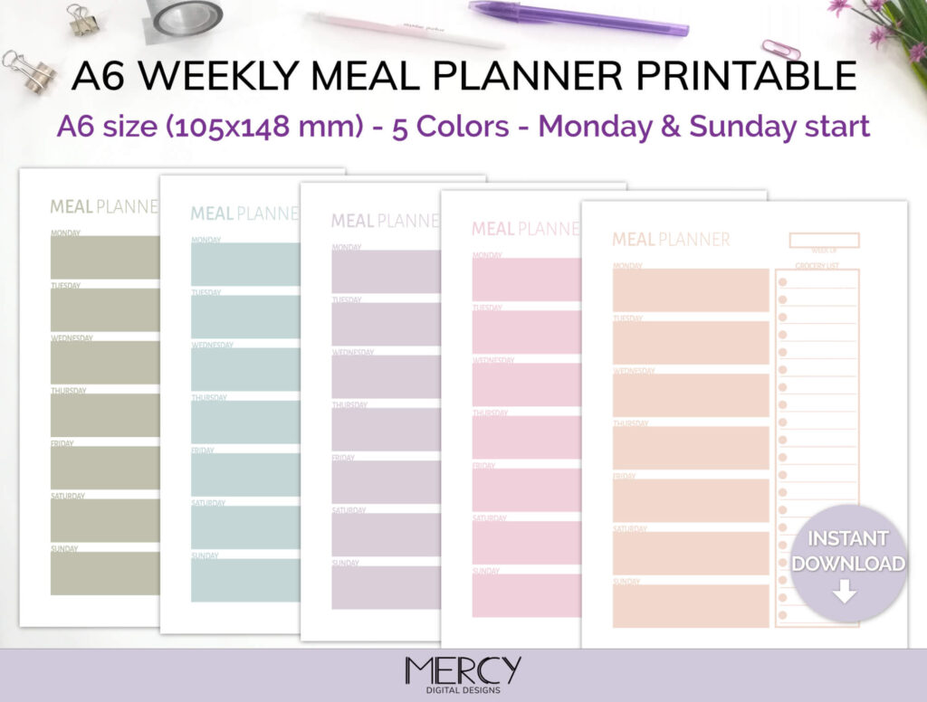 A6 Meal Planner Printable with Grocery List Pastel • Mercy Digital Designs