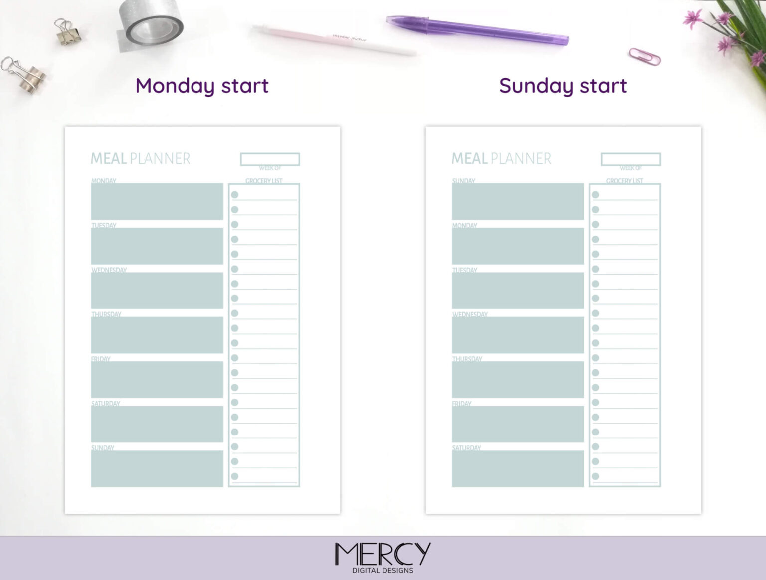 A6 Meal Planner Printable with Grocery List Pastel • Mercy Digital Designs