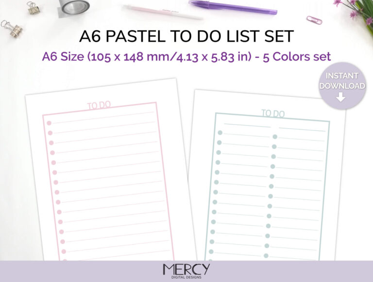 A6 To Do List Printable Pastel Set • Mercy Digital Designs