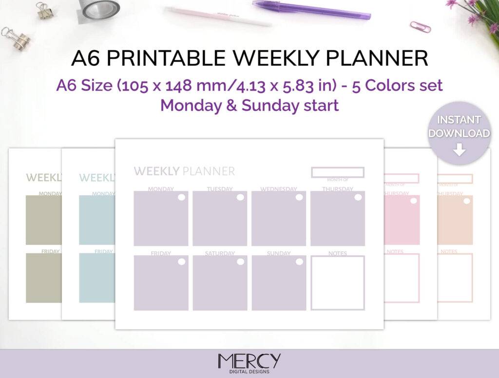 A6 Vertical Weekly Planner Printable Pastel • Mercy Digital Designs