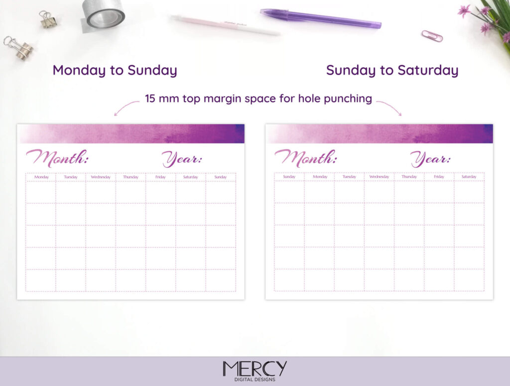 Undated Calendar Printable Landscape • Mercy Digital Designs