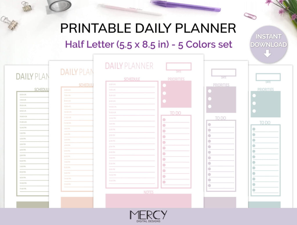 Half Daily Planner Printable Pastel • Mercy Digital Designs