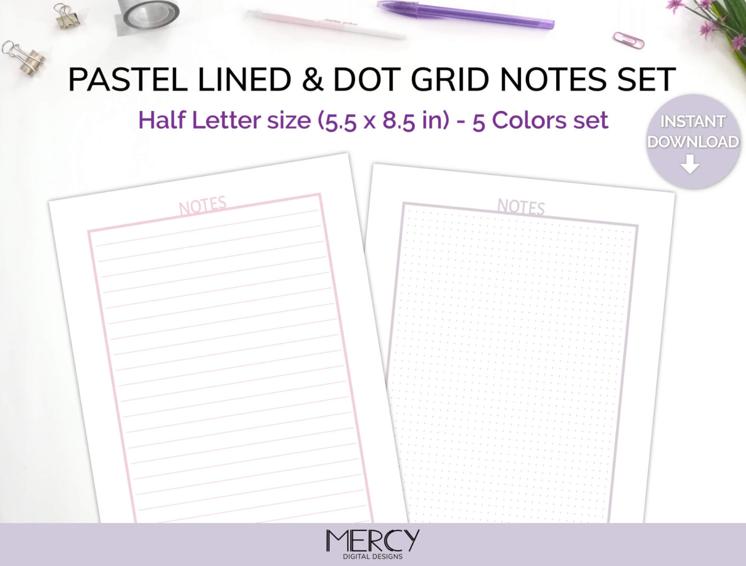 Half Printable Notes Page Pastel Set • Mercy Digital Designs