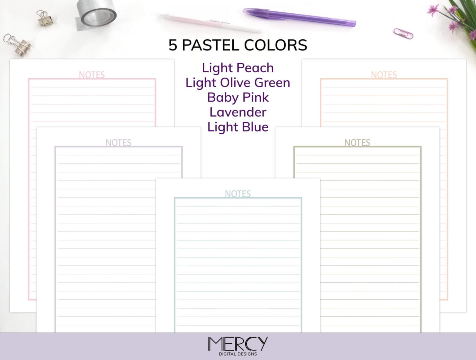 Half Printable Notes Page Pastel Set • Mercy Digital Designs