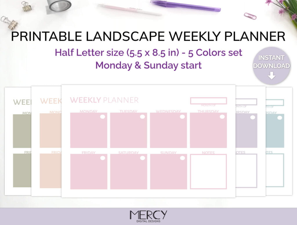 Half Vertical Weekly Planner Printable Pastel • Mercy Digital Designs