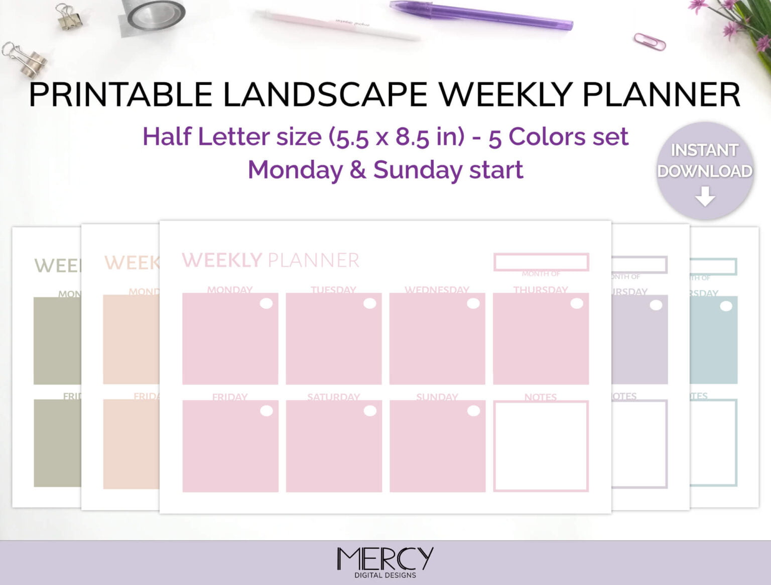 Half Vertical Weekly Planner Printable Pastel • Mercy Digital Designs