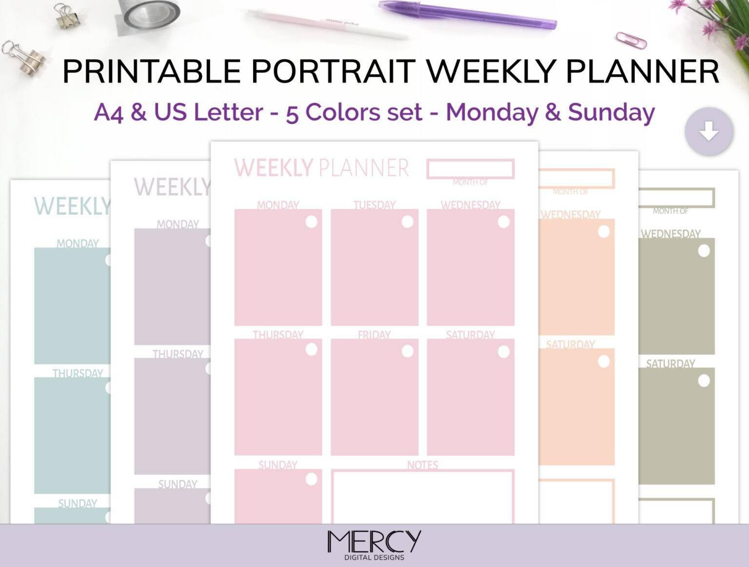 A6 Vertical Weekly Planner Printable Pastel • Mercy Digital Designs