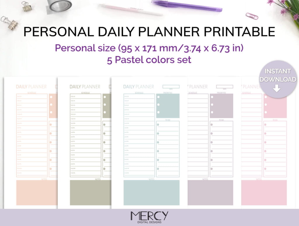 Personal Daily Planner Printable Pastel • Mercy Digital Designs