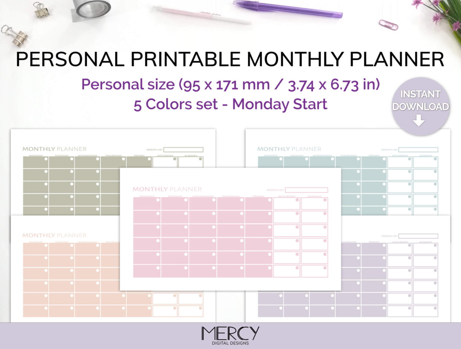 Personal Monthly Planner Printable Pastel Set • Mercy Digital Designs
