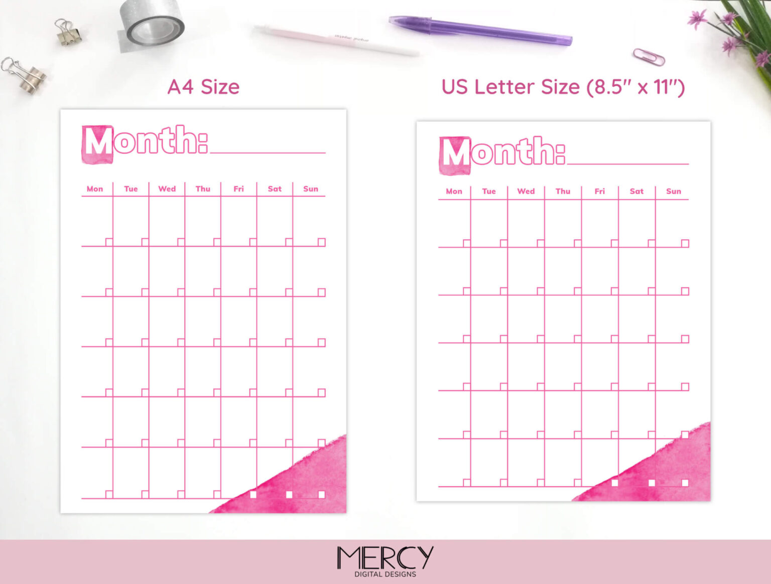 Pink Blank Calendar Printable, A4 and US Letter • Mercy Digital Designs