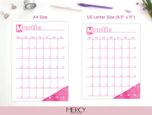 Pink Blank Calendar Printable, A4 and US Letter • Mercy Digital Designs