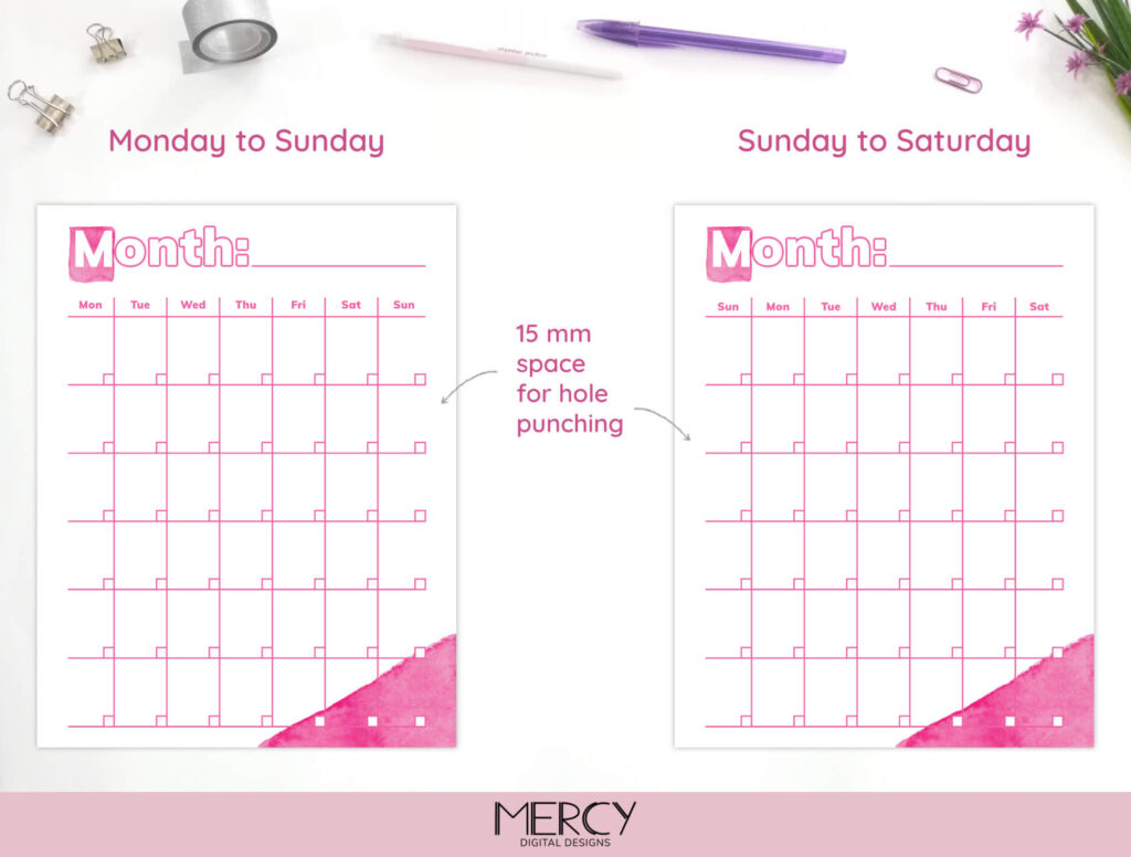 Pink Blank Calendar Printable, A4 and US Letter • Mercy Digital Designs