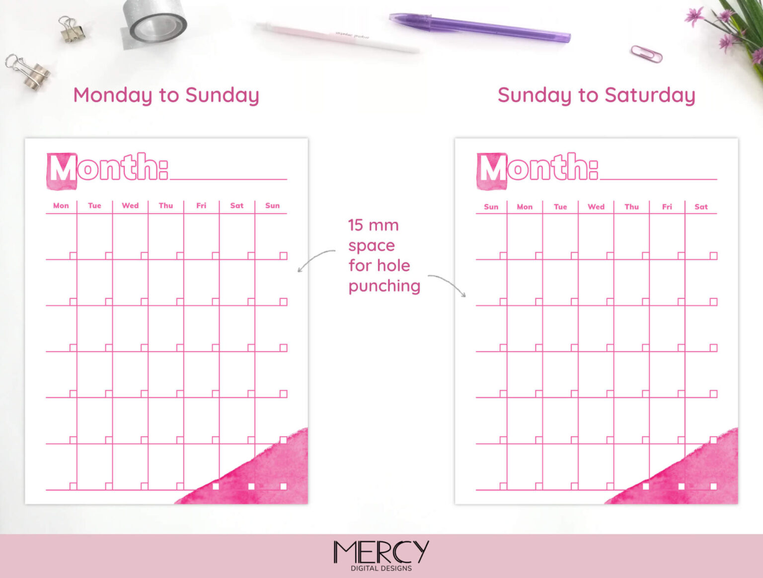 Pink Blank Calendar Printable, A4 and US Letter • Mercy Digital Designs