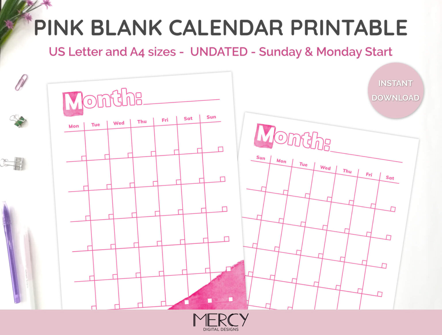 Pink Blank Calendar Printable, A4 and US Letter • Mercy Digital Designs