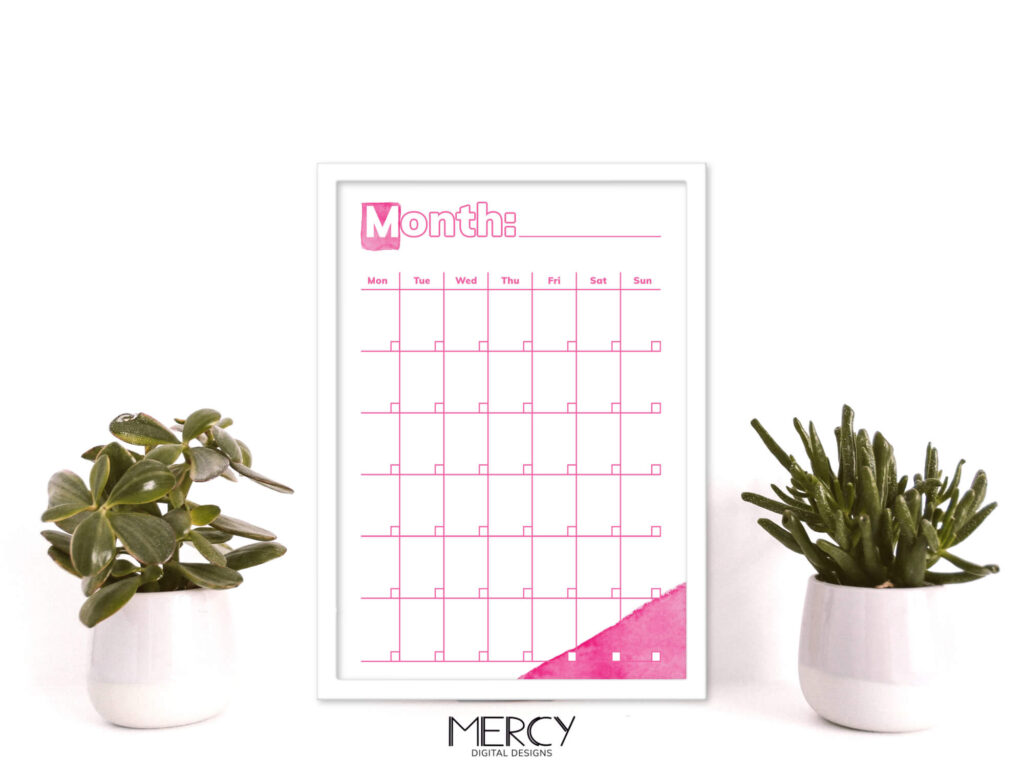 Pink Blank Calendar Printable, A4 and US Letter • Mercy Digital Designs