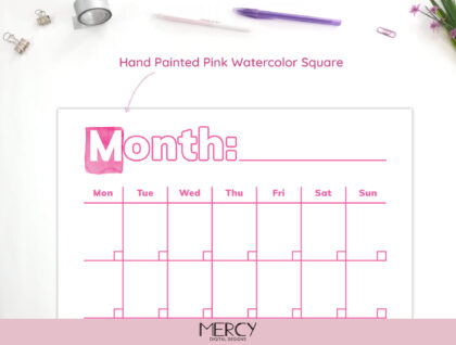 Pink Blank Calendar Printable, A4 and US Letter • Mercy Digital Designs