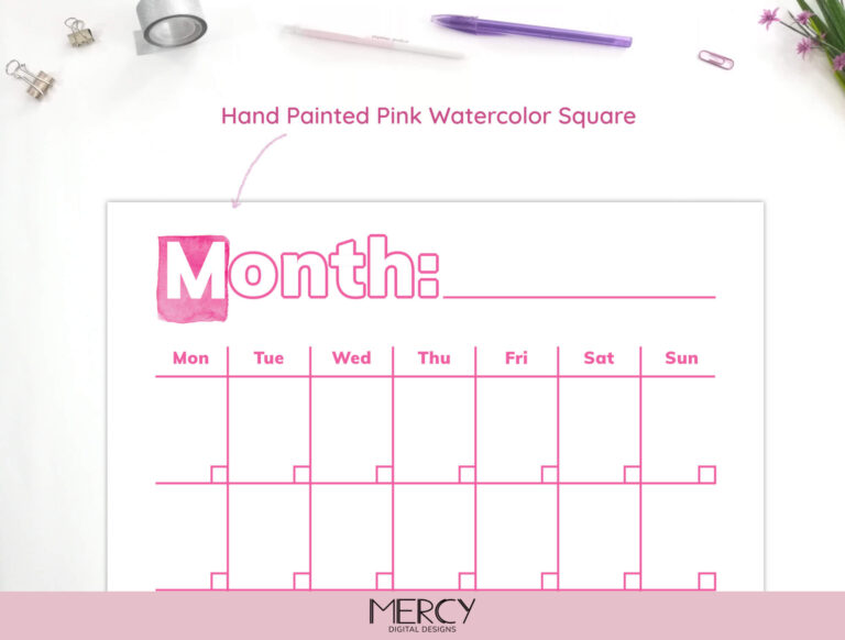 Pink Blank Calendar Printable, A4 and US Letter • Mercy Digital Designs