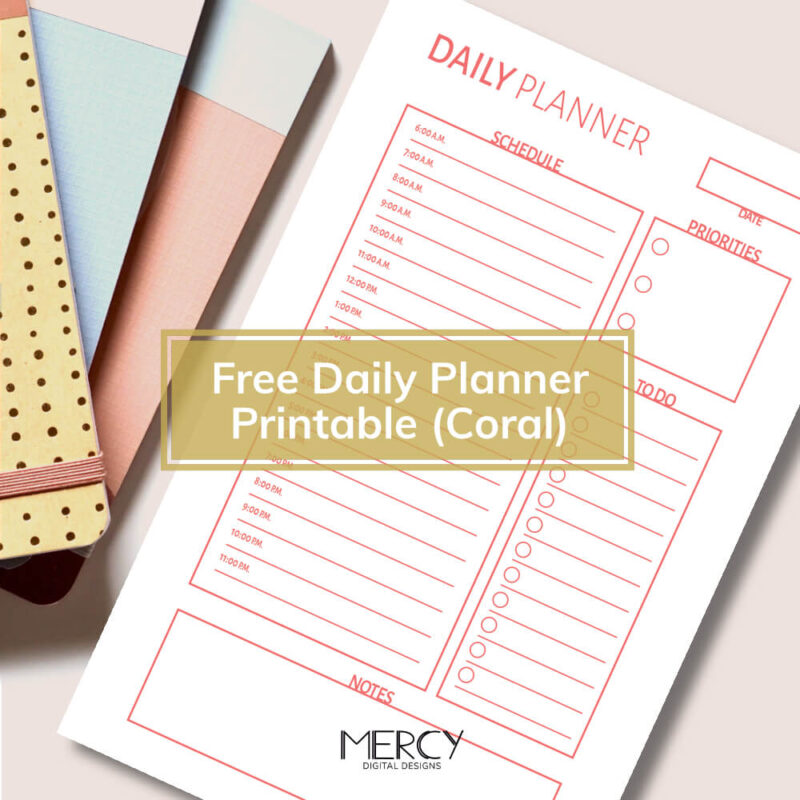 Free Daily Planner Printable in Cute Coral Color • Mercy Digital Designs
