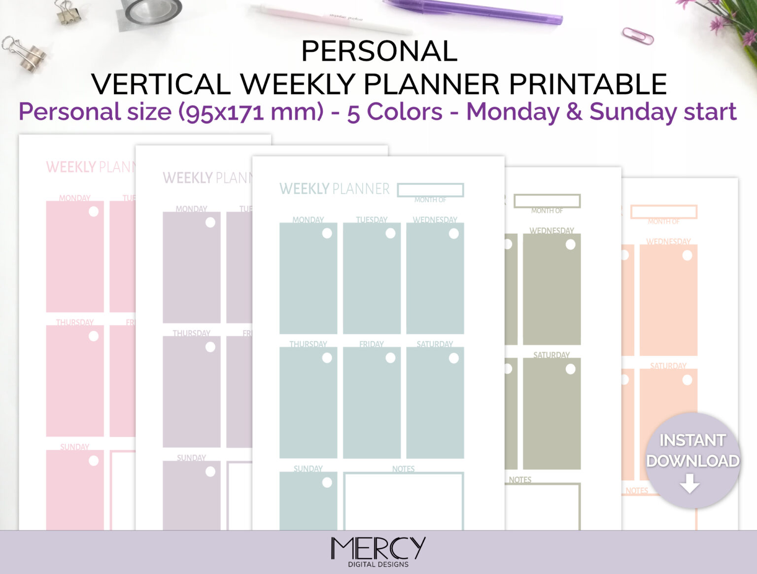 Personal Vertical Weekly Planner Printable Pastel • Mercy Digital Designs