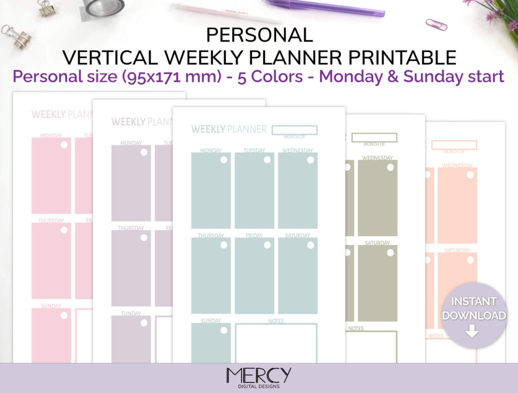 Personal Vertical Weekly Planner Printable Pastel • Mercy Digital Designs