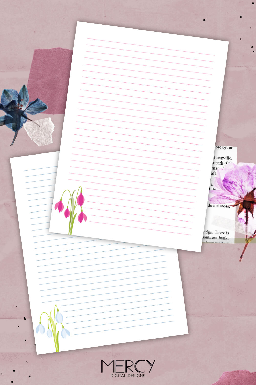 Free Printable Writing Paper with Lines: Blue and Pink Flowers • MDD