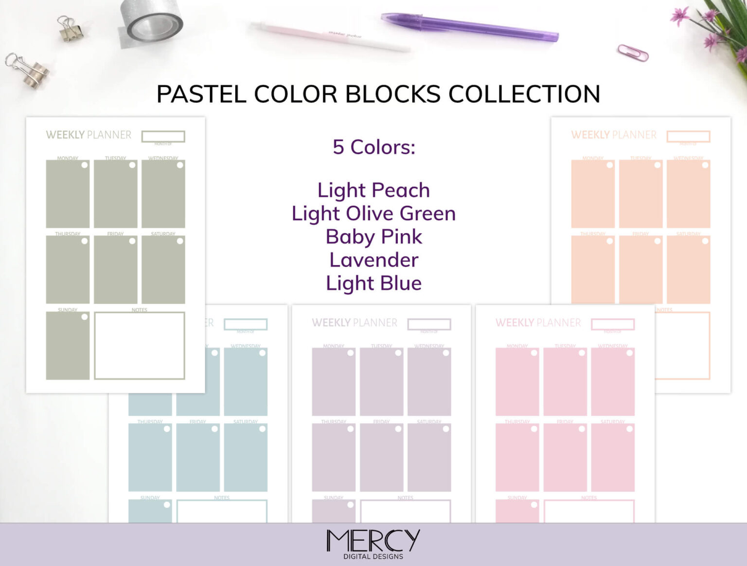 Half Vertical Weekly Planner Printable Pastel • Mercy Digital Designs