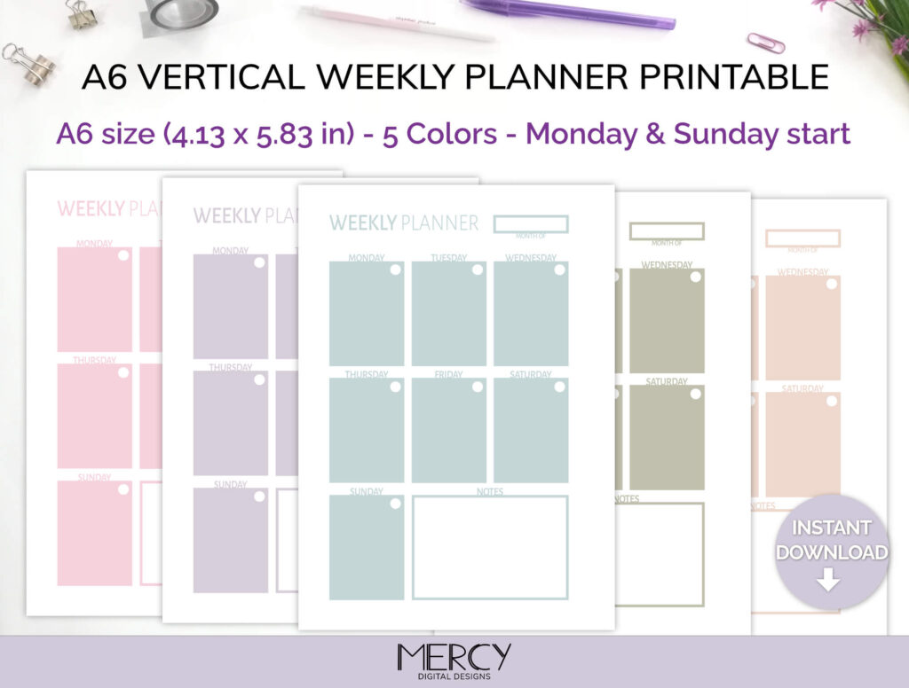 A6 Vertical Weekly Planner Printable Pastel • Mercy Digital Designs