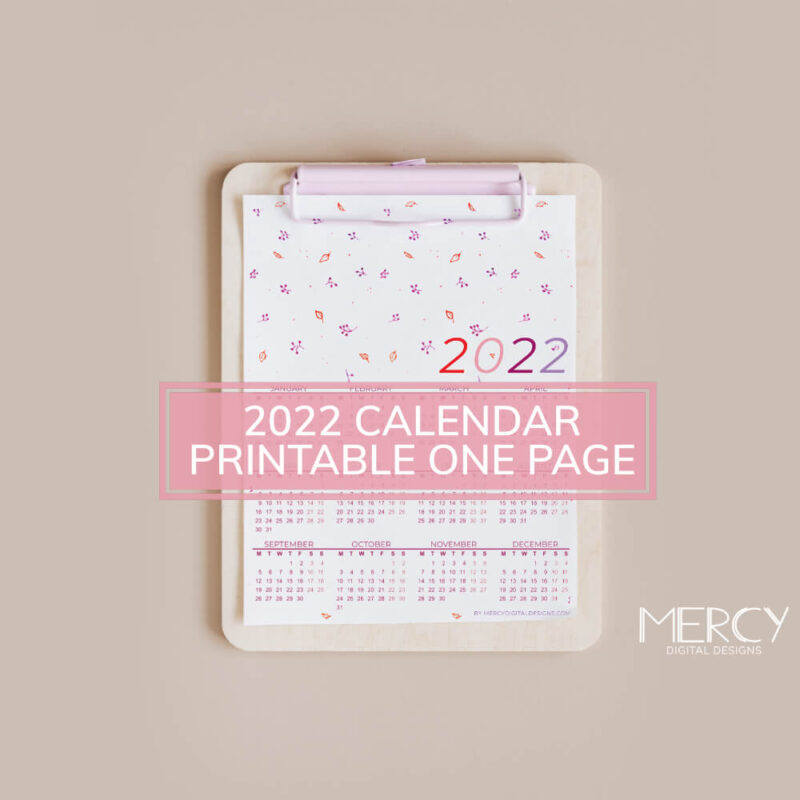 2022 Calendar Printable One Page • Mercy Digital Designs