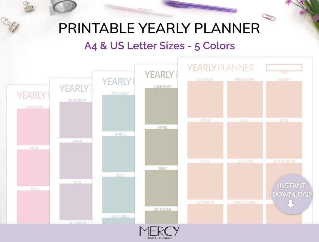 Yearly Planner Printable Pastel Set, A4 and US Letter • MDD
