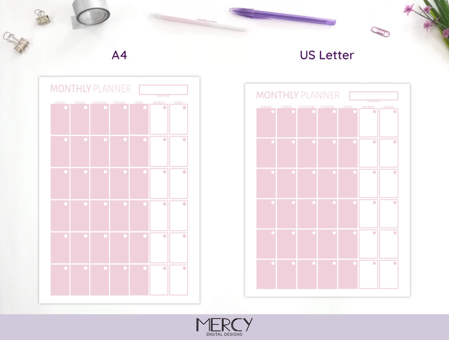Portrait Monthly Planner Printable Pastel, A4 and US Letter • MDD