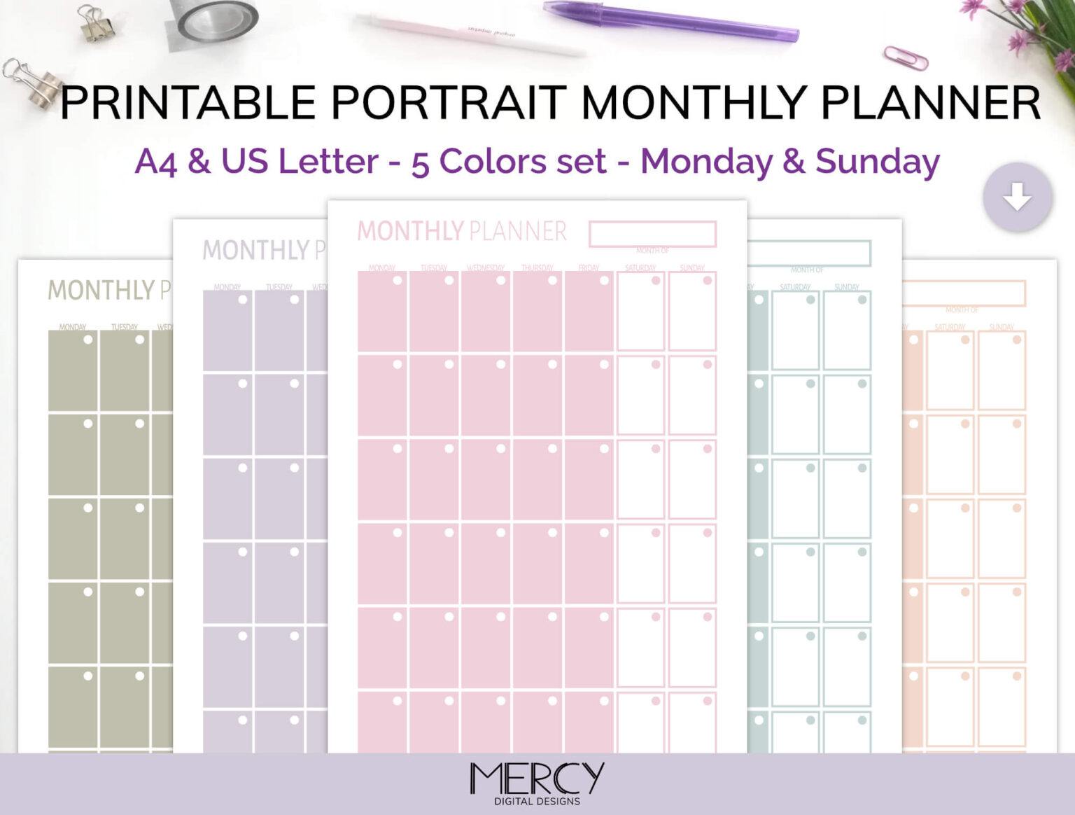 Portrait Monthly Planner Printable Pastel, A4 and US Letter • MDD