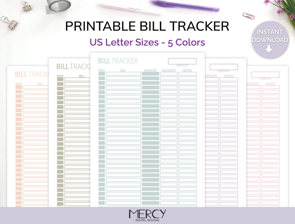 Bill Tracker Printable Pastel in A4 and US Letter • Mercy Digital Designs