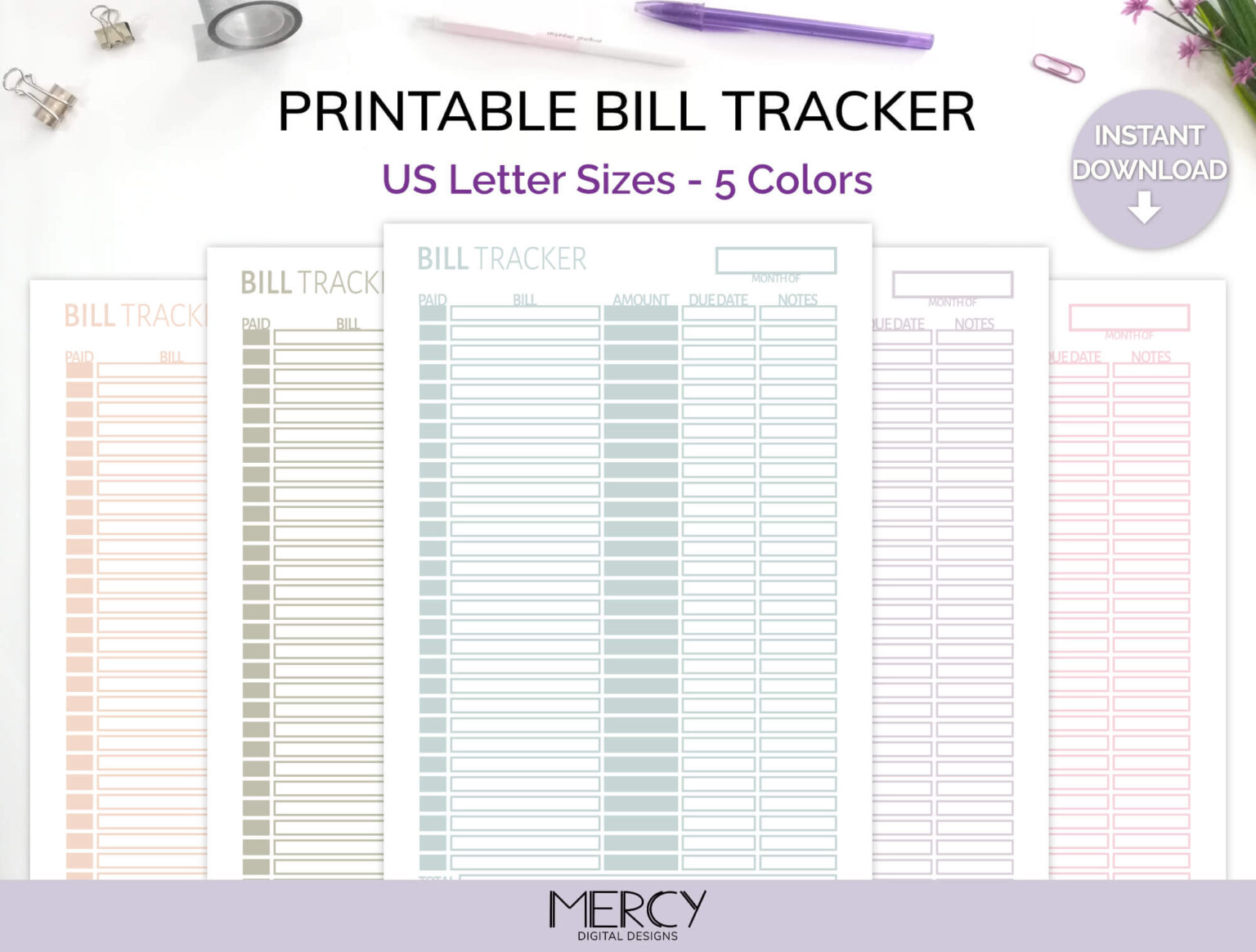 Bill Tracker Printable Pastel in A4 and US Letter • Mercy Digital Designs