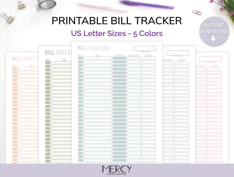 Bill Tracker Printable Pastel in A4 and US Letter • Mercy Digital Designs