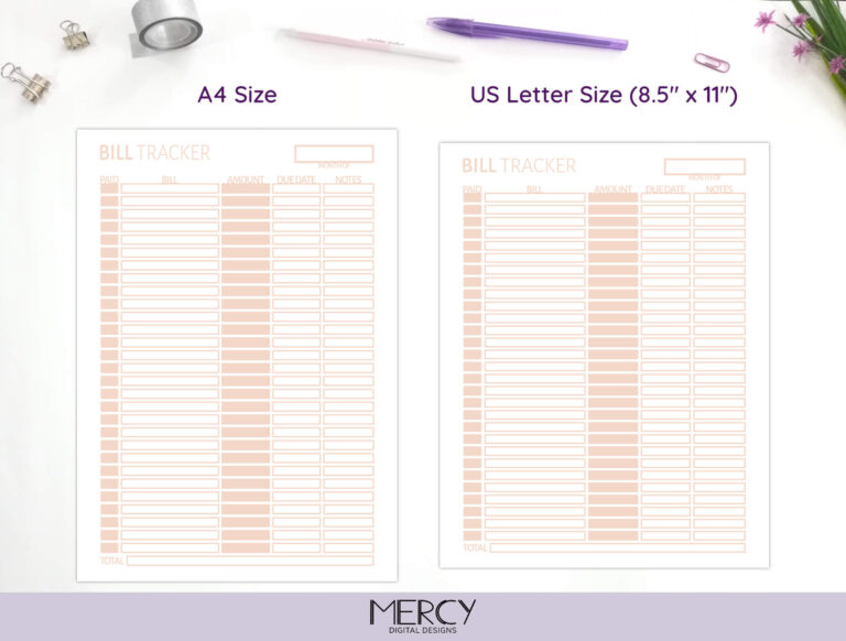 Bill Tracker Printable Pastel in A4 and US Letter • Mercy Digital Designs