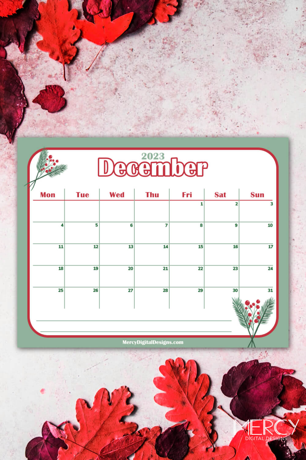 December 2023 Calendar Printable Free • Mercy Digital Designs